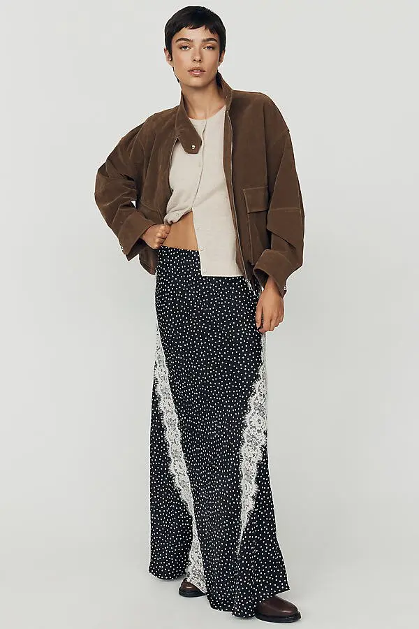 Anthropologie Tilda Lace-trim Maxi Slip Skirt - Black Dot