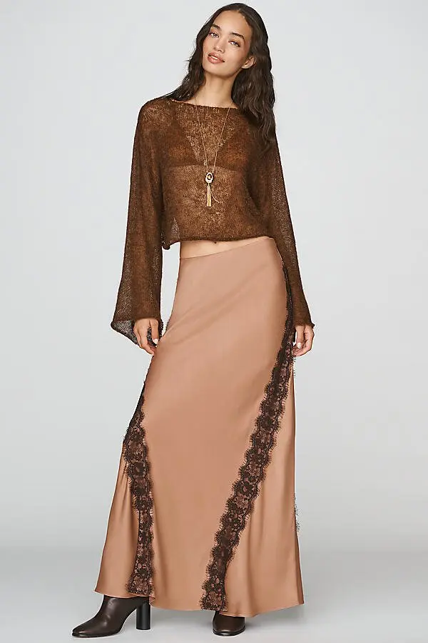 Anthropologie Tilda Lace-trim Maxi Slip Skirt - Taupe