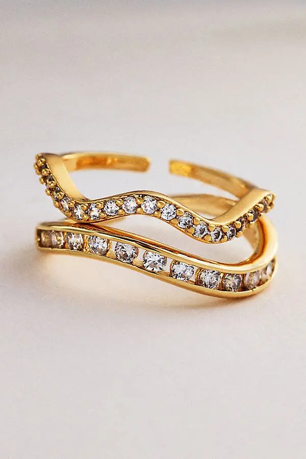 Anthropologie Wavy Cubic Zirconia Stacking Rings In -plated Brass - Gold