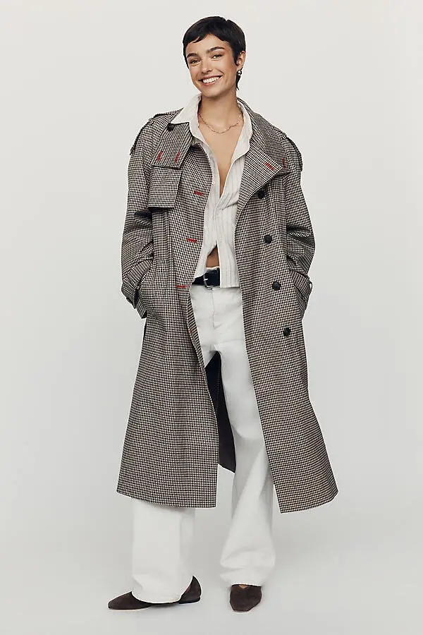 Anthropologie Lottie Longline Check Trench Coat - Neutral
