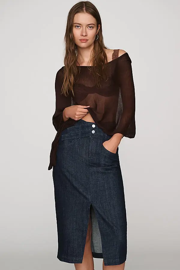 PILCRO Double Waist Denim Midi Skirt - Dark Denim