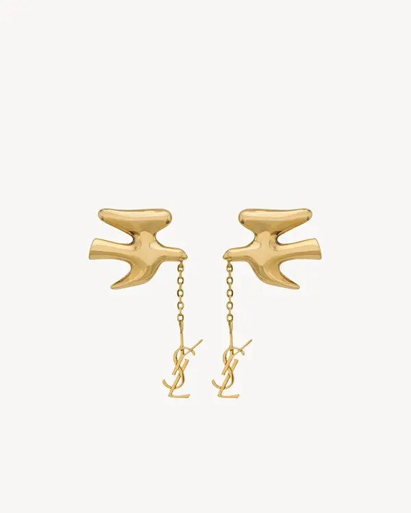 Saint Laurent Cassandre Pendant Dove Earrings In Brass - Gold