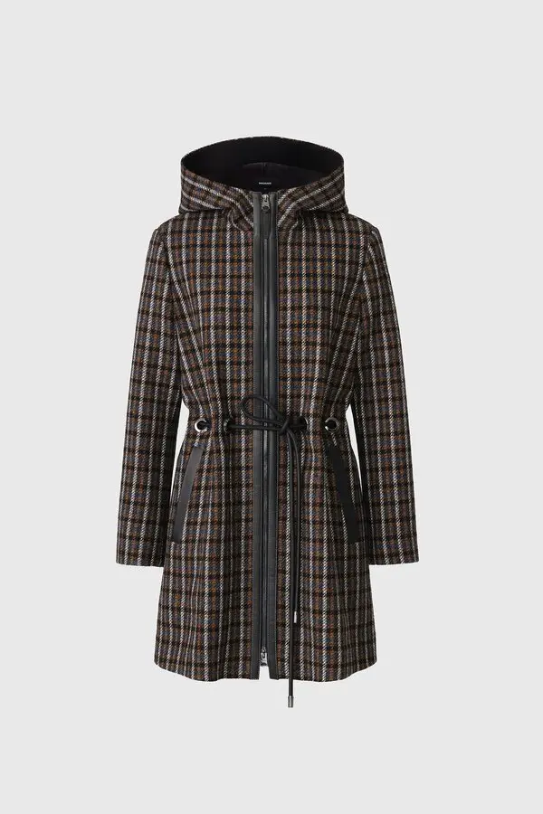 Mackage Belted Hooded Checked Wool And Leather Coat