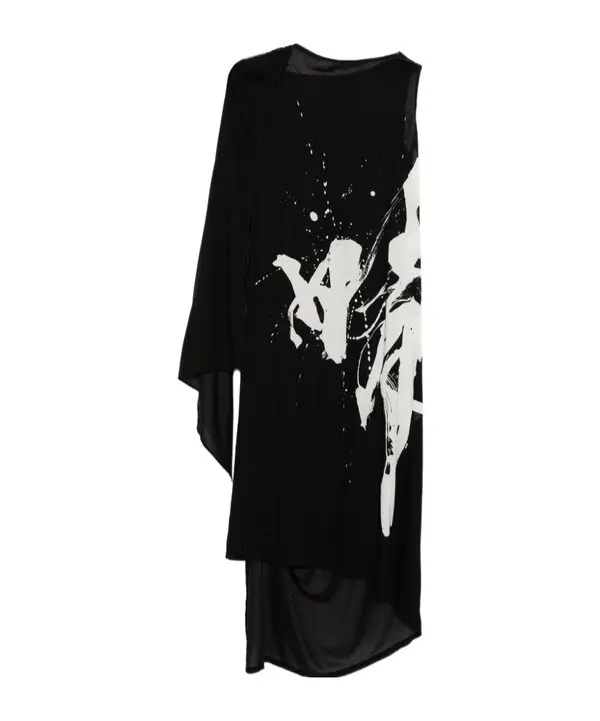 Yohji Yamamoto Rayon Graphic Print Asymmetrical Dress