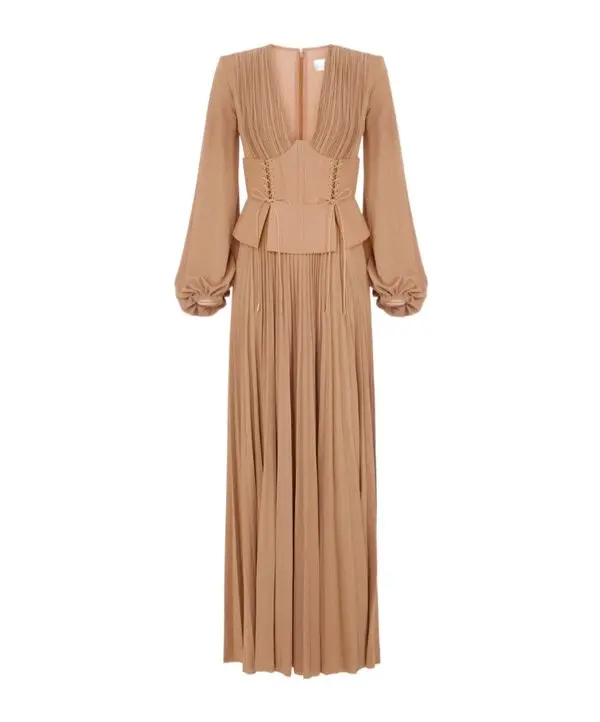 Elisabetta Franchi Pleated Lurex Jersey Maxi Dress With Corset Detail - Nude