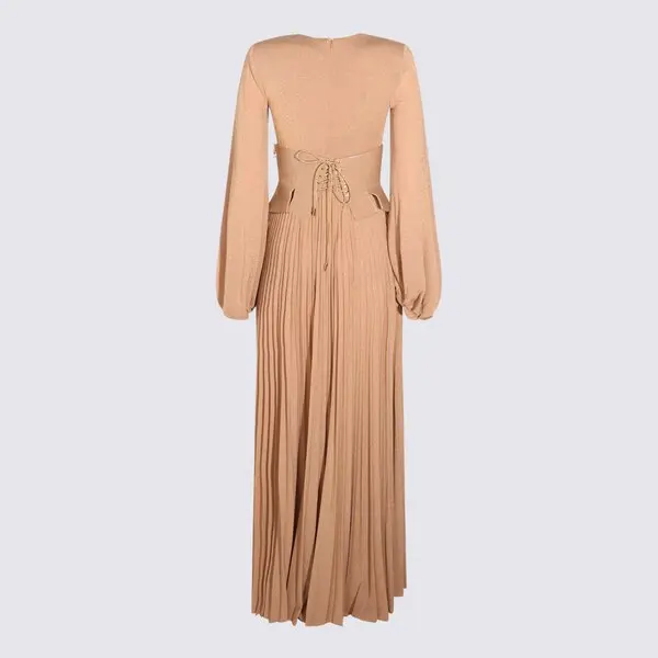 Elisabetta Franchi Pleated Lurex Jersey Maxi Dress With Corset Detail - Nude