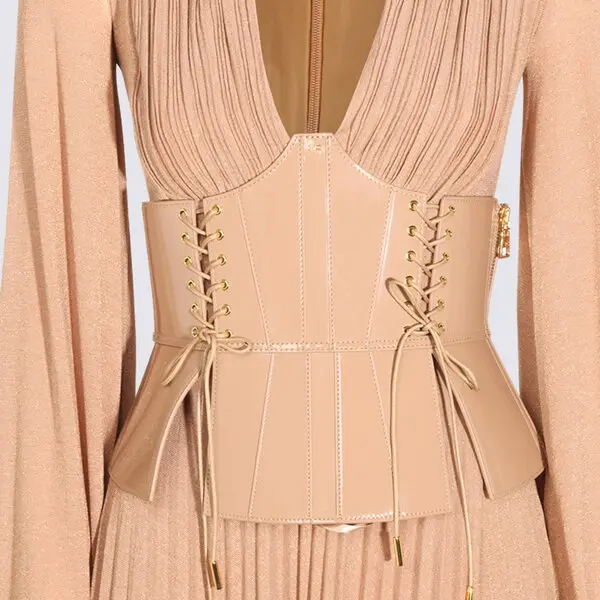 Elisabetta Franchi Pleated Lurex Jersey Maxi Dress With Corset Detail - Nude