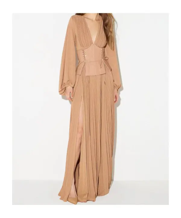 Elisabetta Franchi Pleated Lurex Jersey Maxi Dress With Corset Detail - Nude
