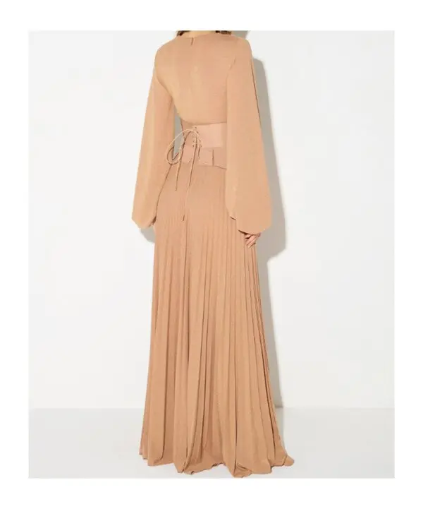Elisabetta Franchi Pleated Lurex Jersey Maxi Dress With Corset Detail - Nude