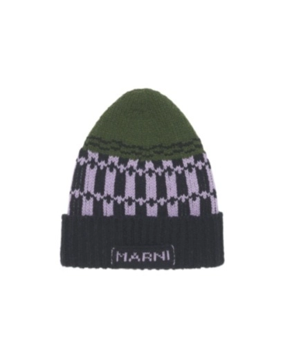 Marni Green Wool Beanie With Geometric Motif - Stone Green