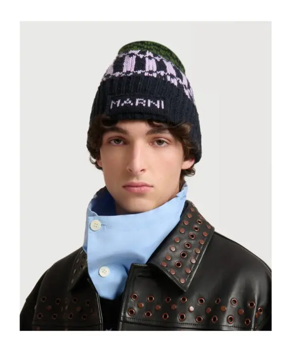 Marni Green Wool Beanie With Geometric Motif