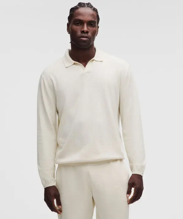 Lululemon Cotton-blend Knit Long-sleeve Polo Shirt - Light Ivory