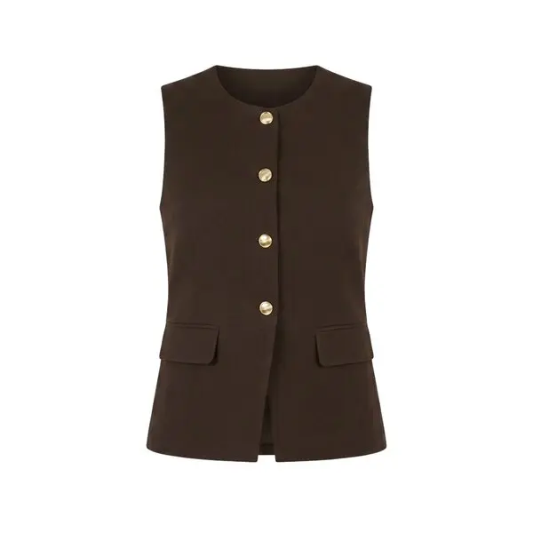 YUMI Sleeveless Longline Button Waistcoat Top - Brown