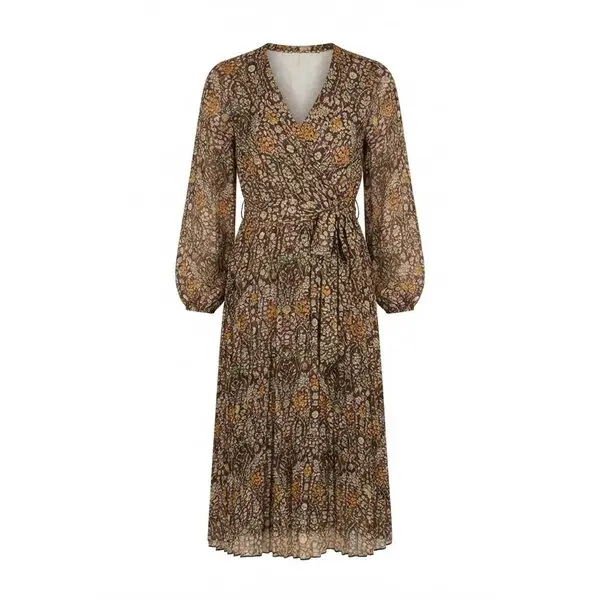 YUMI Ditsy Floral Pleated Midi Dress - Brown