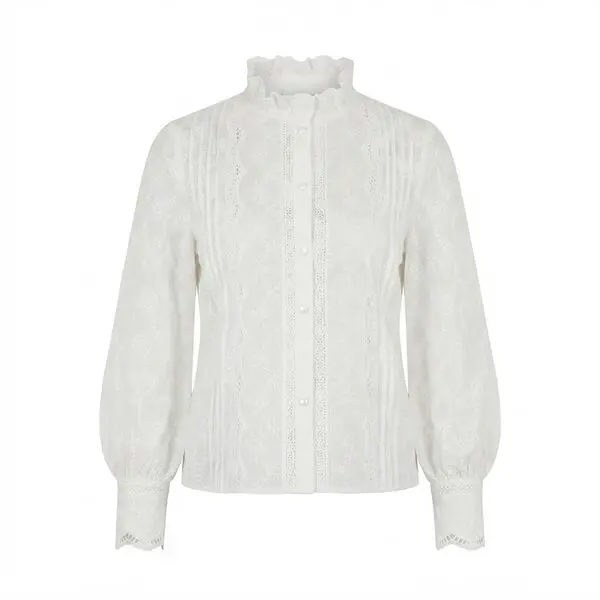 YUMI Embroidered Lace Frill Neck Cotton Blouse