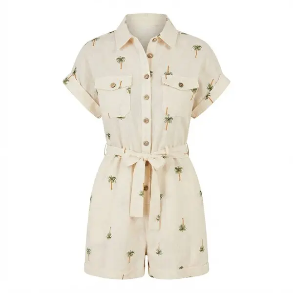 YUMI Embroidered Palm Print Cotton Playsuit - White