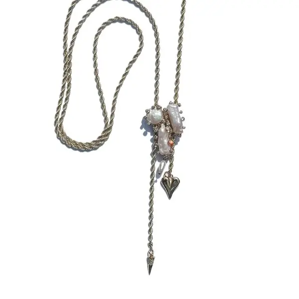 BABALOO JEWELRY Boho Heart & Spike Pearl Bolo Necklace - Gold