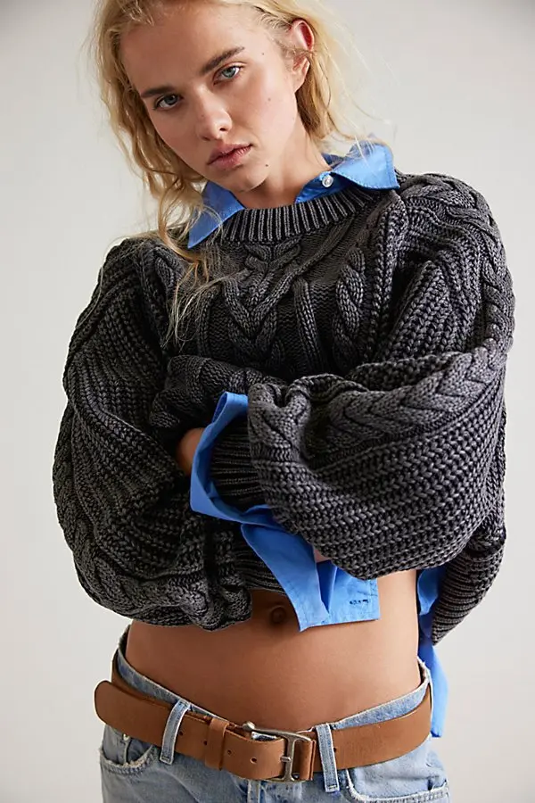 Free People Cable Knit Cotton Pullover Sweater - Black