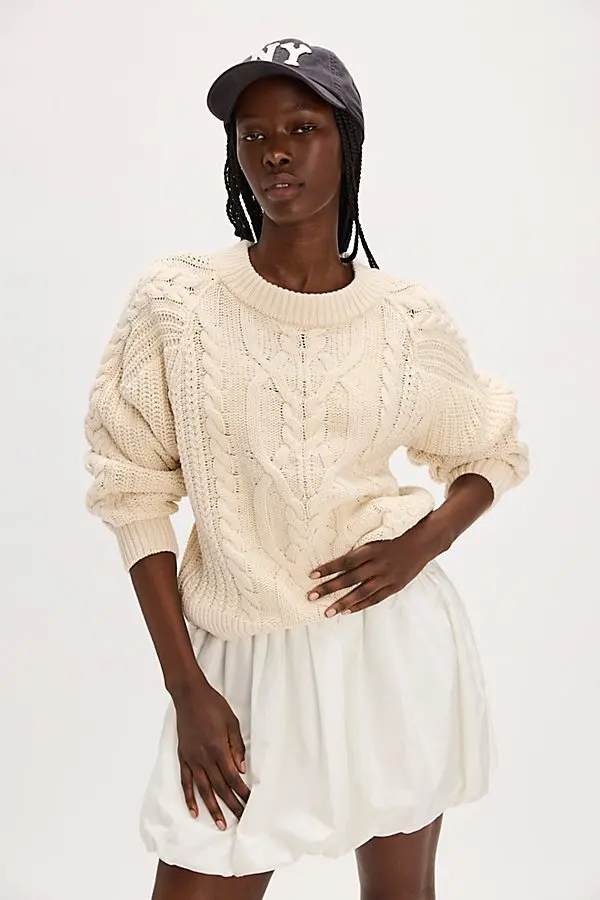 Free People Cable Knit Cotton Pullover Sweater - Cream