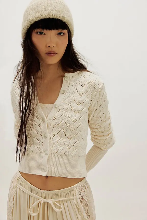 Free People Pointelle Cotton Cardigan - Ivory