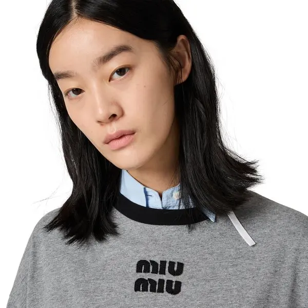 Miu Miu Long-sleeve Cotton Jersey T-shirt - Gray/black