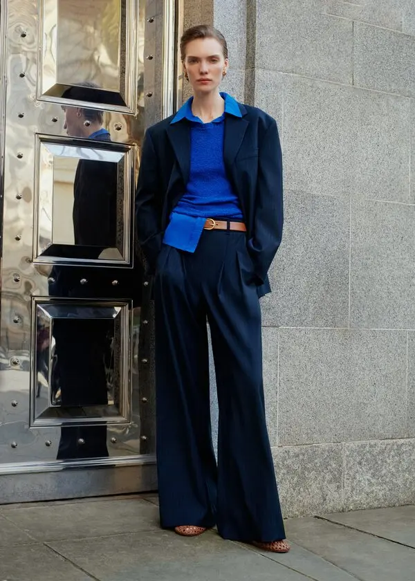 ME+EM Pinstripe Pleat Front Wide Leg Trousers - Navy