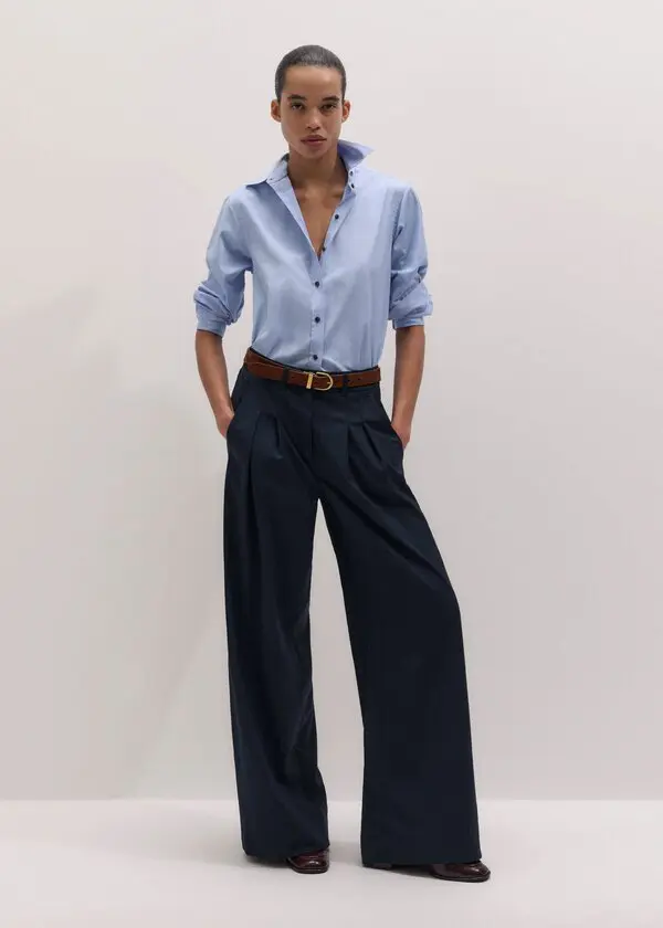 ME+EM Pinstripe Pleat Front Wide Leg Trousers - Navy
