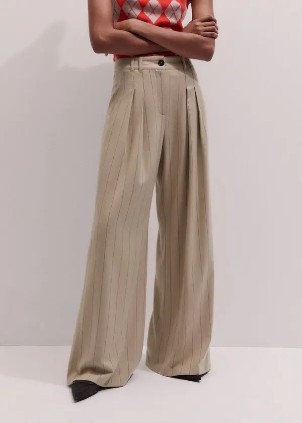 ME+EM Wide-leg Pinstripe Trousers - Latte