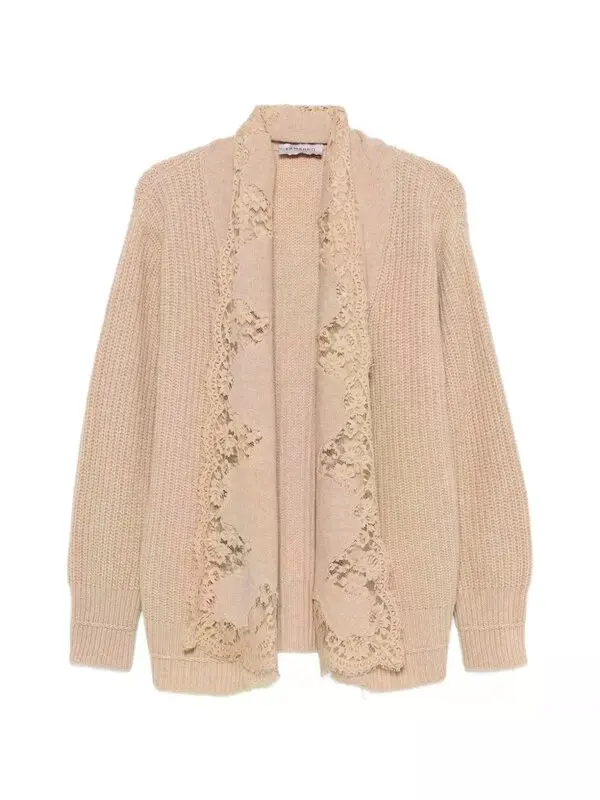 ERMANNO FIRENZE Lace Trim Ribbed Knit Cardigan - Neutrals