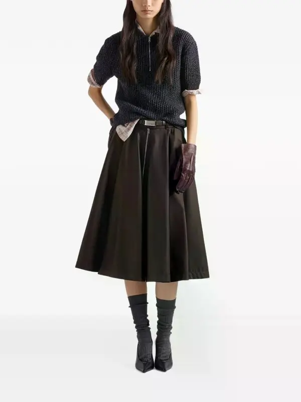 Prada Re-nylon Circle Skirt With Logo-engraved Plaque Buckle Belt - Brown