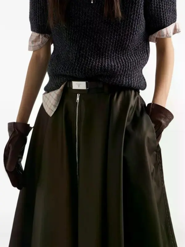 Prada Re-nylon Circle Skirt With Logo-engraved Plaque Buckle Belt - Brown