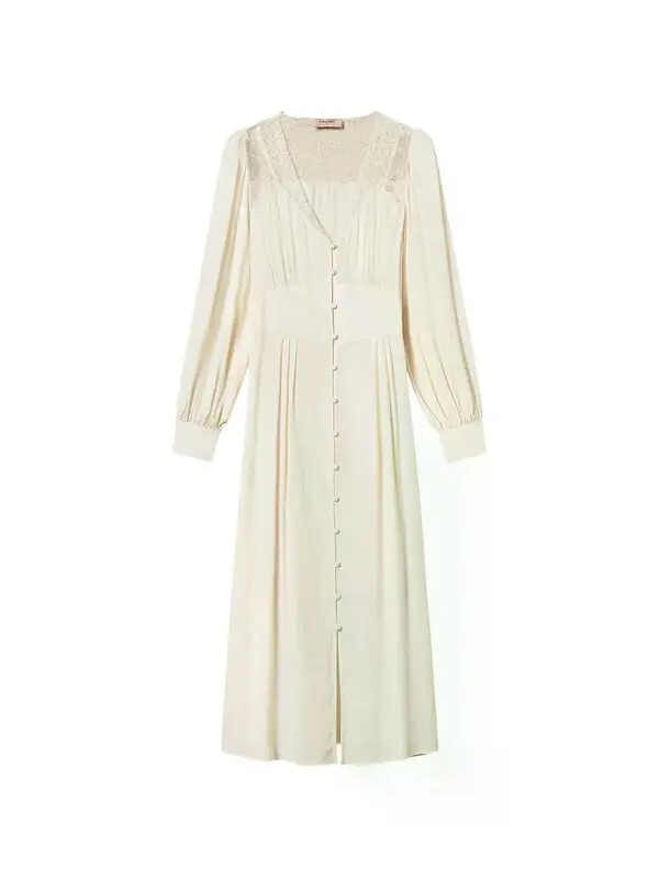 TWINSET Long Jacquard Crêpe De Chine Dress With Lace Yoke