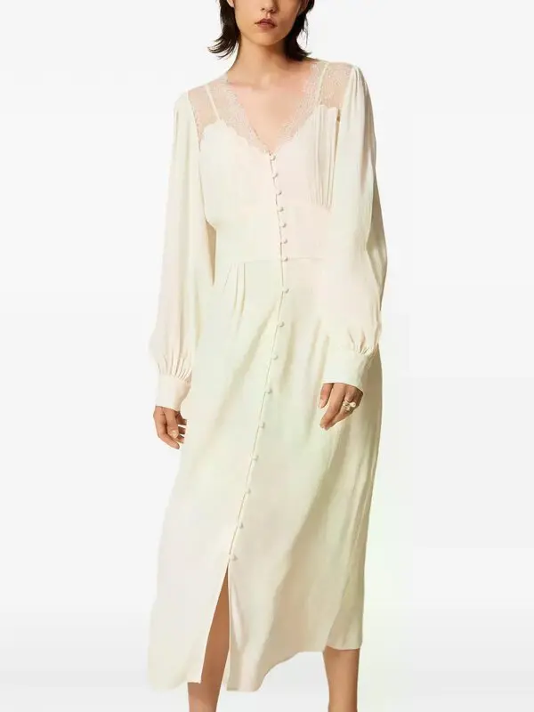 TWINSET Long Jacquard Crêpe De Chine Dress With Lace Yoke