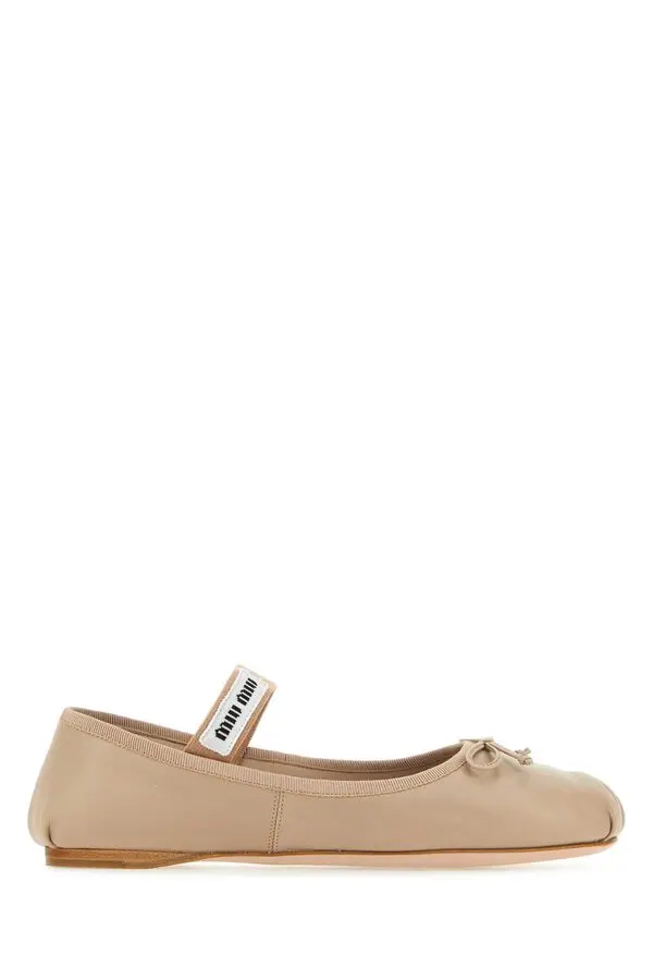 Miu Miu Powder Leather Ballerinas With Logo Strap - Pink