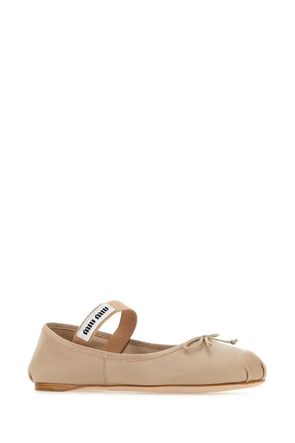 Miu Miu Powder Leather Ballerinas With Logo Strap - Pink
