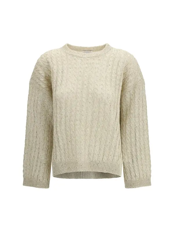 Brunello Cucinelli Dazzling Cable Linen Sweater With Openwork Ribbing - Cream