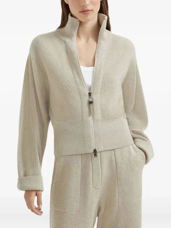 Brunello Cucinelli Sparkling Cashmere High Neck Zip-up Cardigan