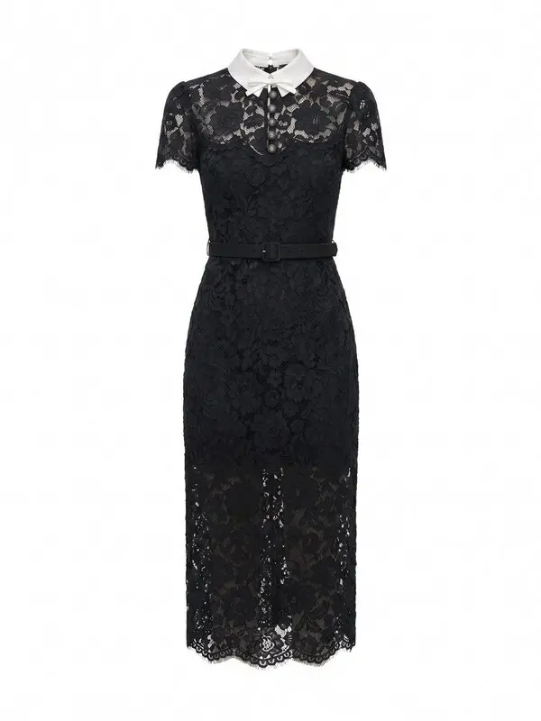 SELF-PORTRAIT Lace Contrast Collar Midi Dress - Multicolor