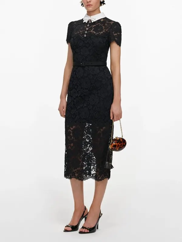 SELF-PORTRAIT Lace Contrast Collar Midi Dress - Multicolor