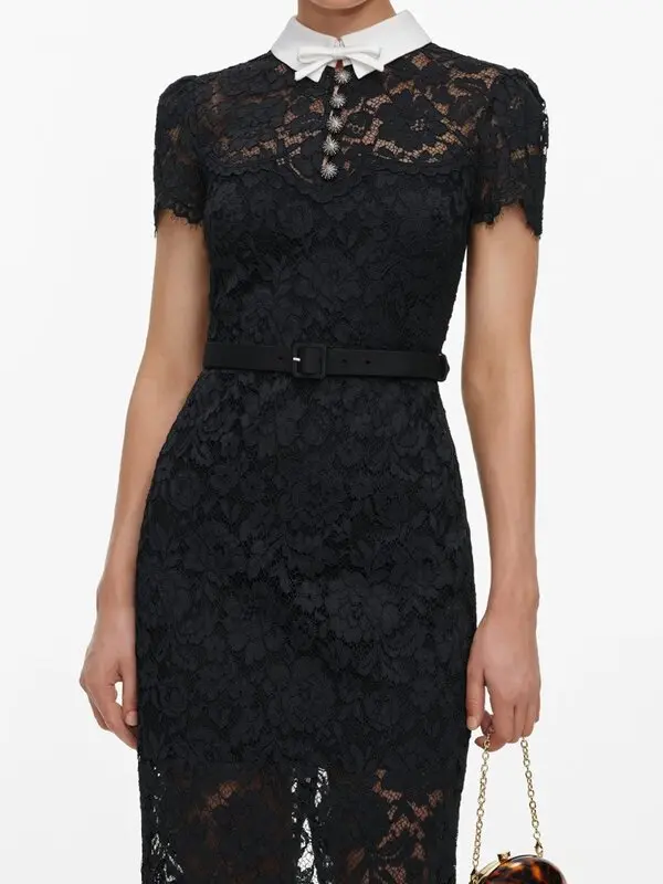 SELF-PORTRAIT Lace Contrast Collar Midi Dress - Multicolor