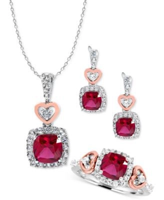 MACY'S Lab Grown Ruby Lab Grown White Sapphire Heart Two Tone Jewelry Collection In Sterling Silver 14k Rose Gold Plate - Red