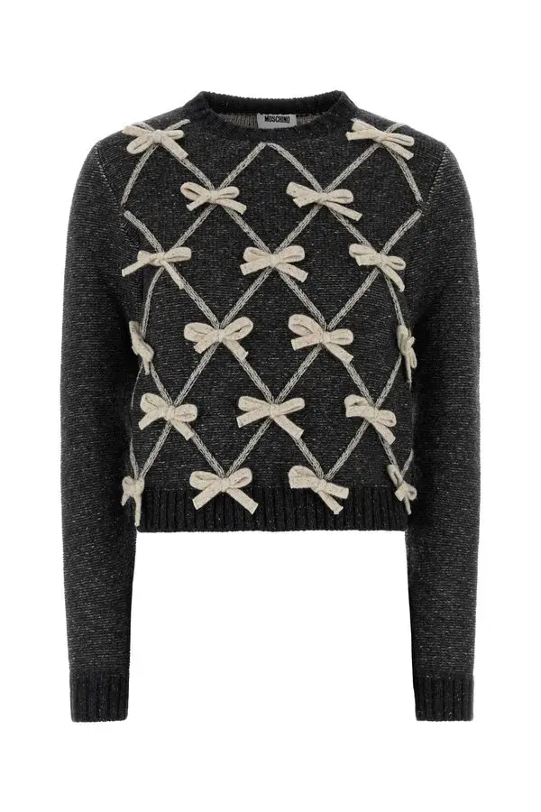 Moschino Charcoal Wool Blend Sweater With Bow Embellishments - Gray