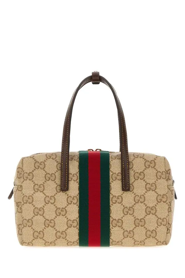 Gucci Printed Canvas Boston Handbag With Monogram And Striped Detail - Multicolor