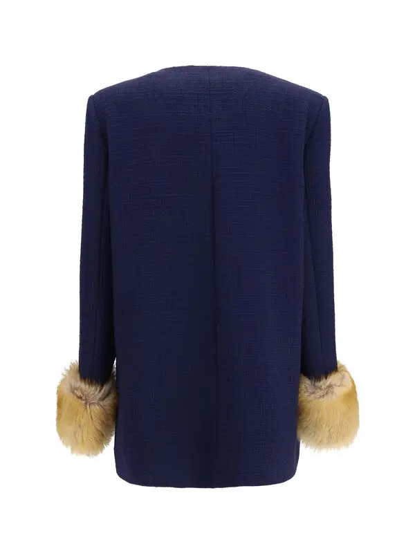 Valentino Garavani Wool Tweed Caban Coat With Shearling Cuffs