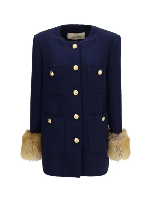 Valentino Garavani Wool Tweed Caban Coat With Shearling Cuffs - Blue