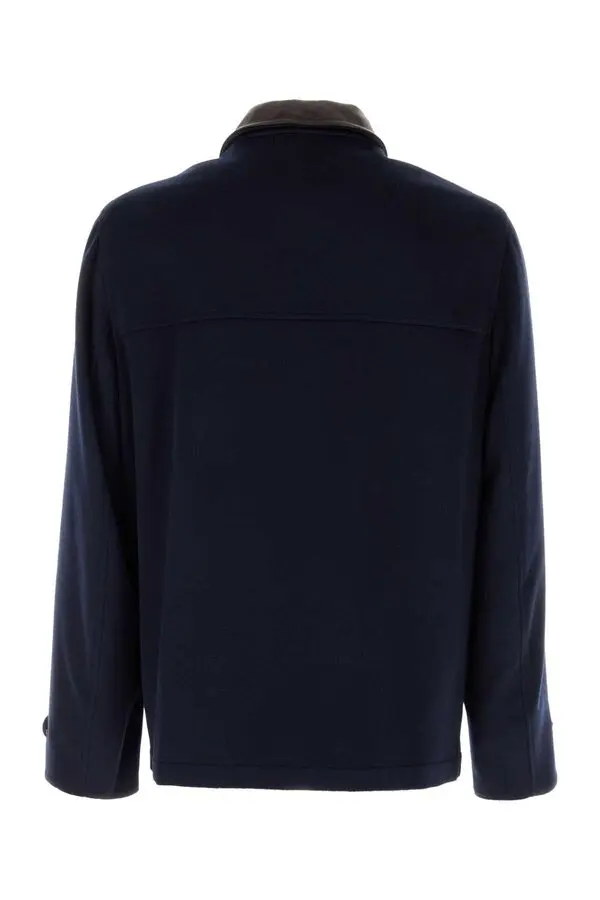 Brunello Cucinelli Navy Wool Jacket With Leather Collar - Blue