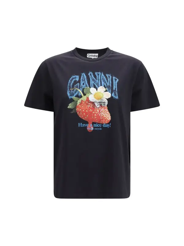GANNI Strawberry Cotton T-shirt - Black