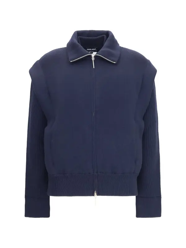 Giorgio Armani Padded Virgin Wool Bomber Jacket With Ribbed Sleeves - Blue