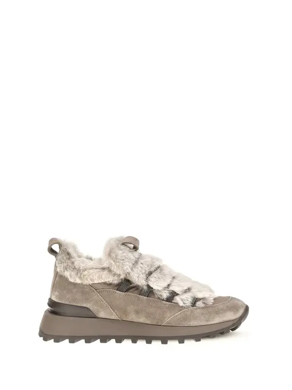 Brunello Cucinelli Suede And Tech Cotton Sneakers With Shearling Lining And Monili Detail - Gray