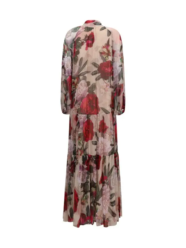 NISSA Long Printed Silk Dress With Scarf Detail